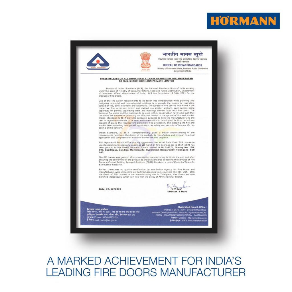 THE FIRST COMPANY IN INDIA TO BE GRANTED THE ISI MARK FOR FIRE DOORS ...